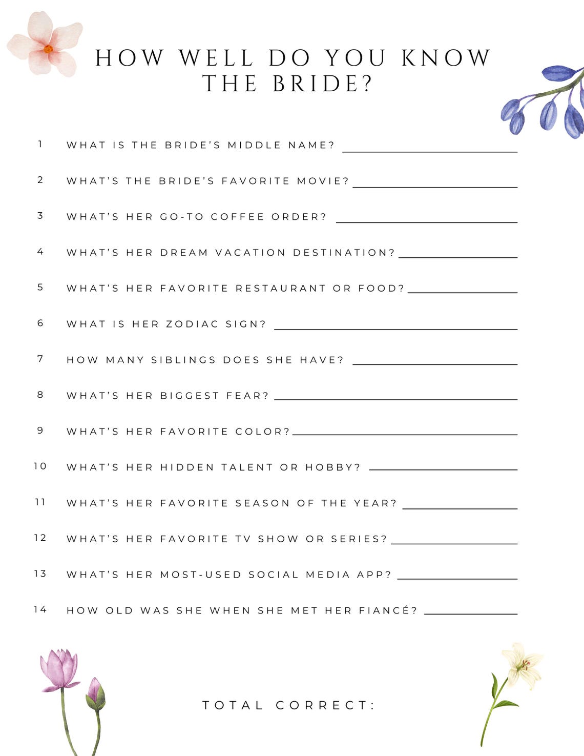 Bridal Shower Game: How Well Do You Know the Bride? (PDF Downloadable ...