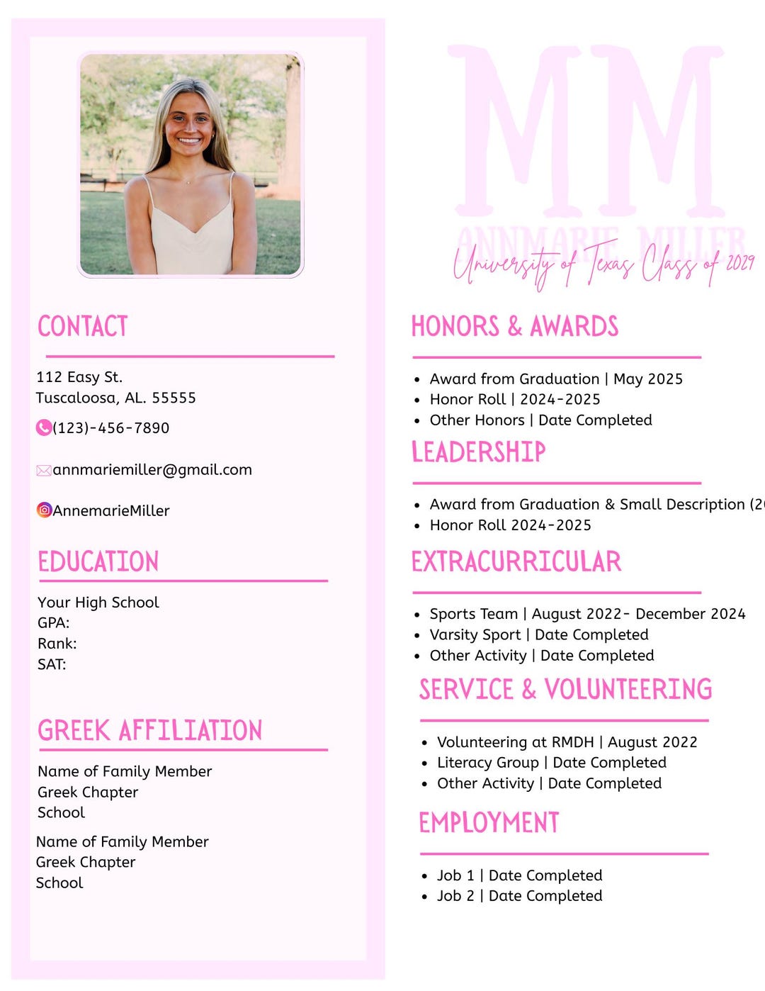 Sorority Rush Resume Template: Editable Canva Design (digital Download ...