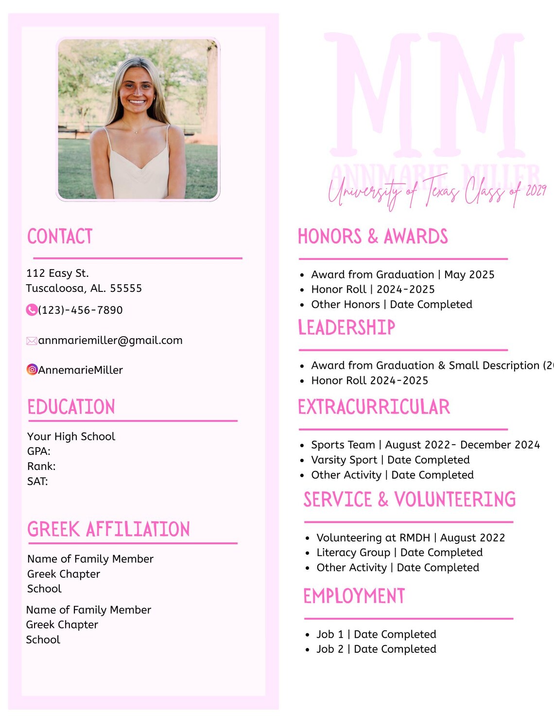 Sorority Rush Resume Template: Editable Canva Design (digital Download ...