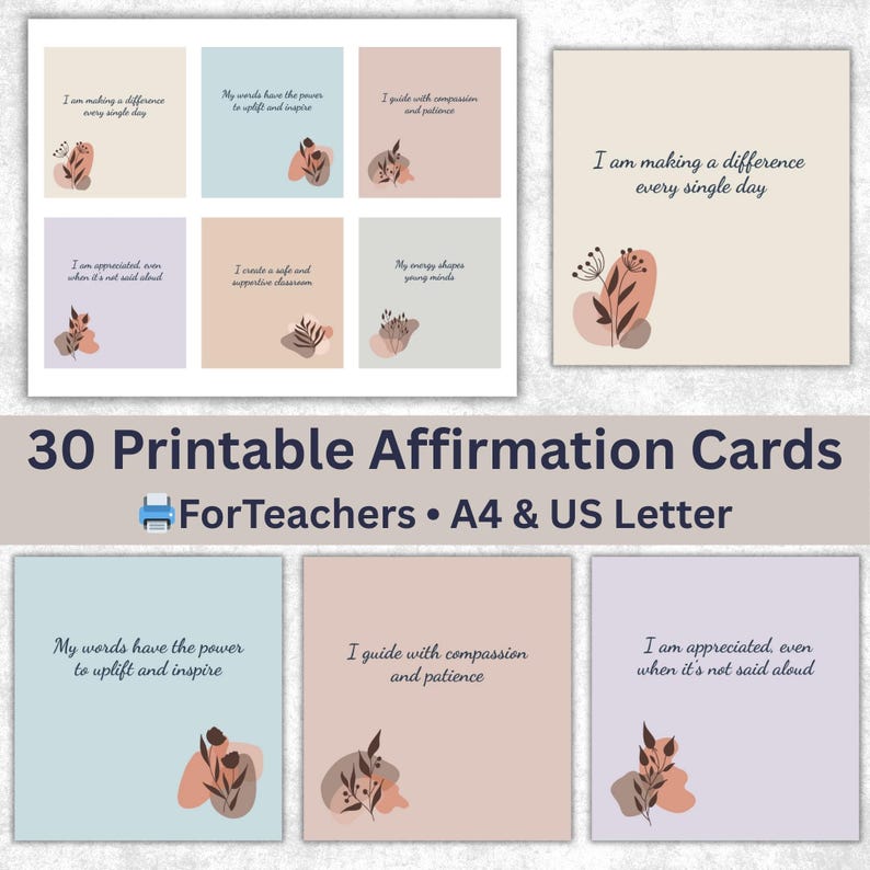 30 Teacher Affirmation Cards, Printable Motivational Notes, A4/US ...