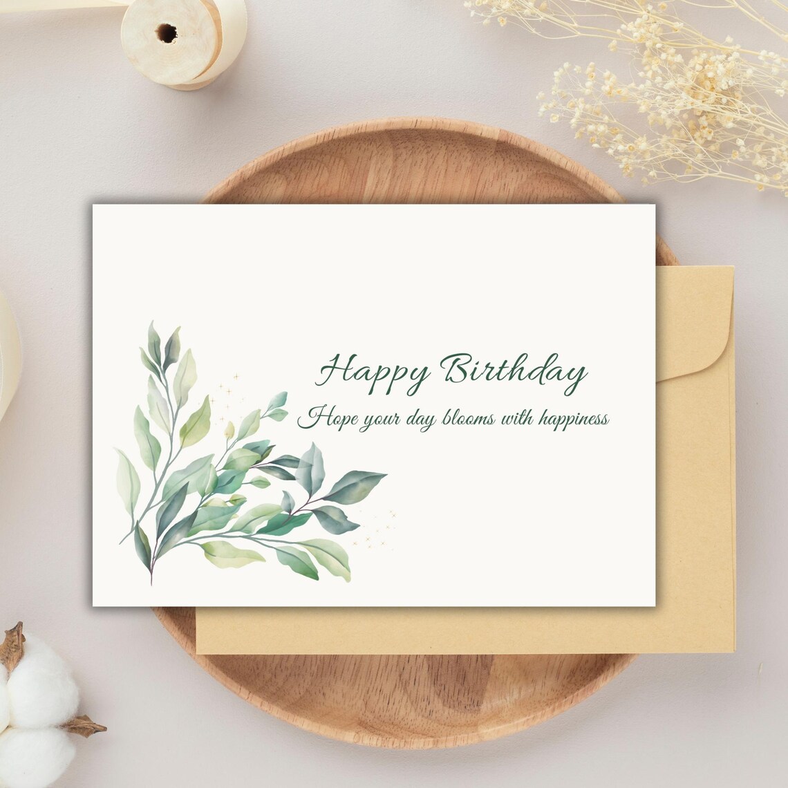 Watercolor Greenery Birthday Greeting Card, Botanical Floral Design ...