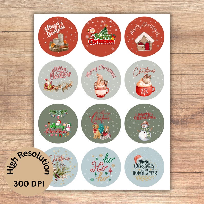 24 Printable Christmas Tags, Labels, Round Holiday Stickers (PDF, JPG ...