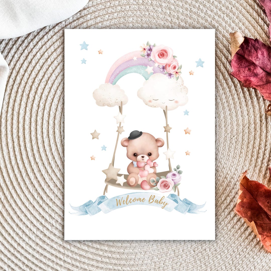 Welcome Baby Card Printable, Greeting Card for Newborn, Teddy Bear Baby ...