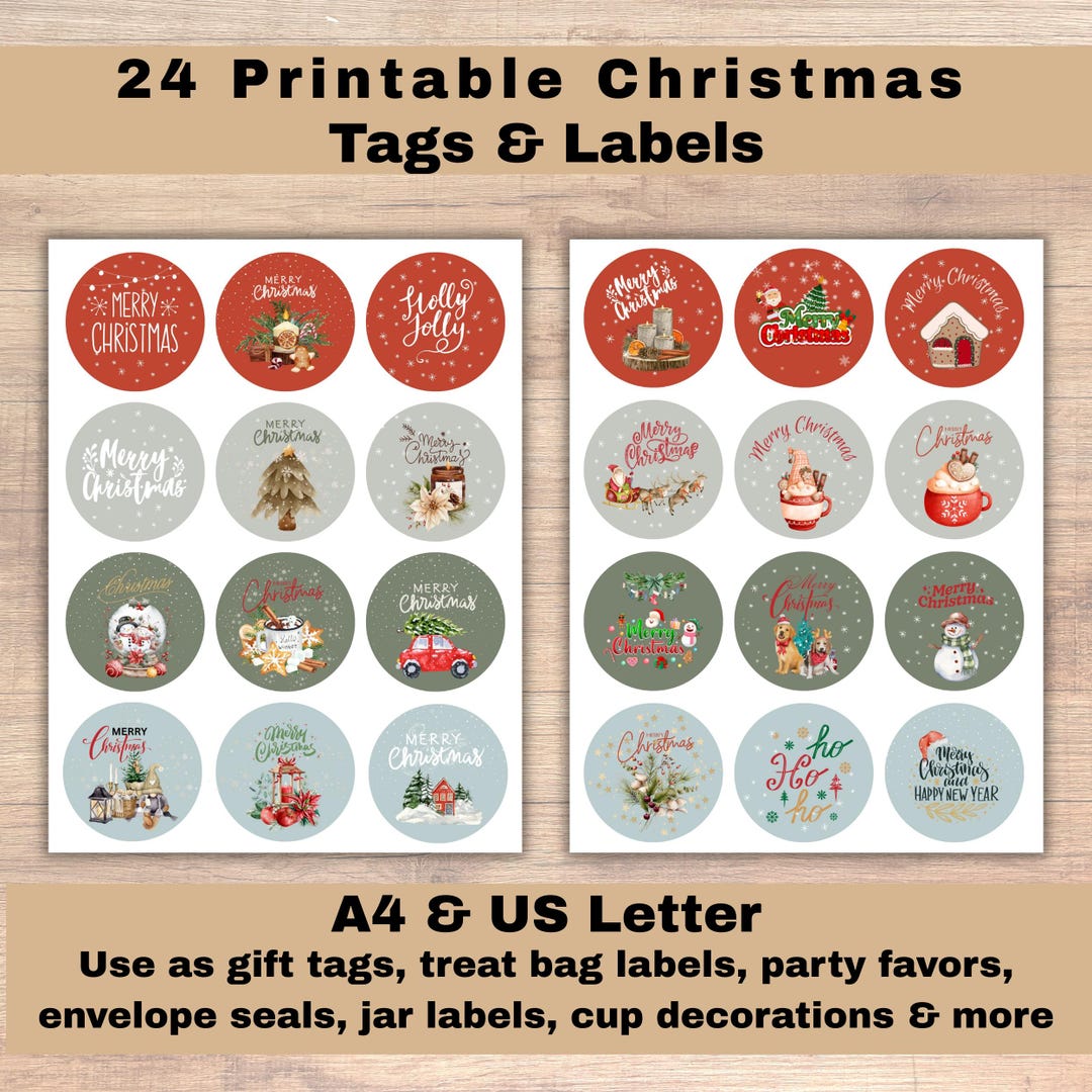 24 Printable Christmas Tags, Labels, Round Holiday Stickers (PDF, JPG ...