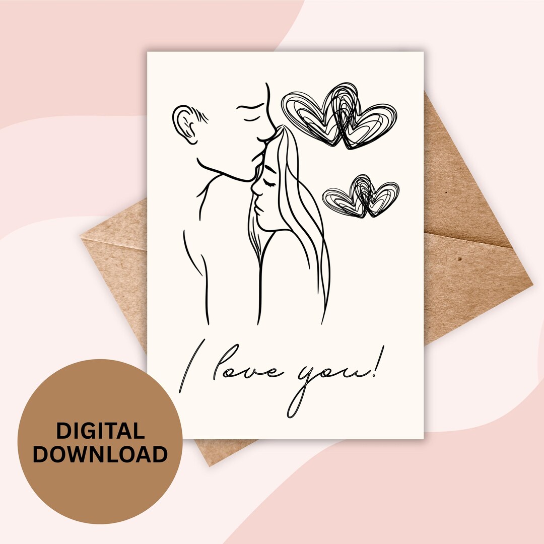 Minimal I Love You Card Printable, Valentine, Line Art Couple Design ...