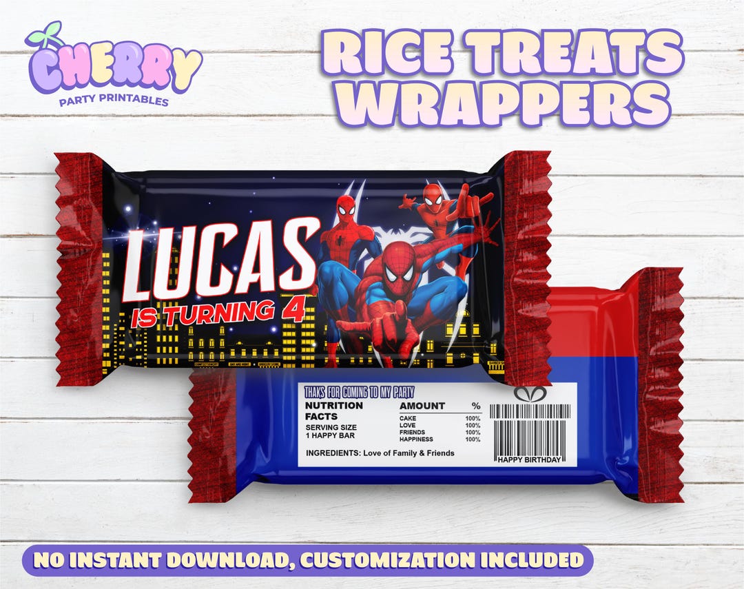 Spiderman Birthday Rice Bar Wrapper - Party Treats - Party Favors ...
