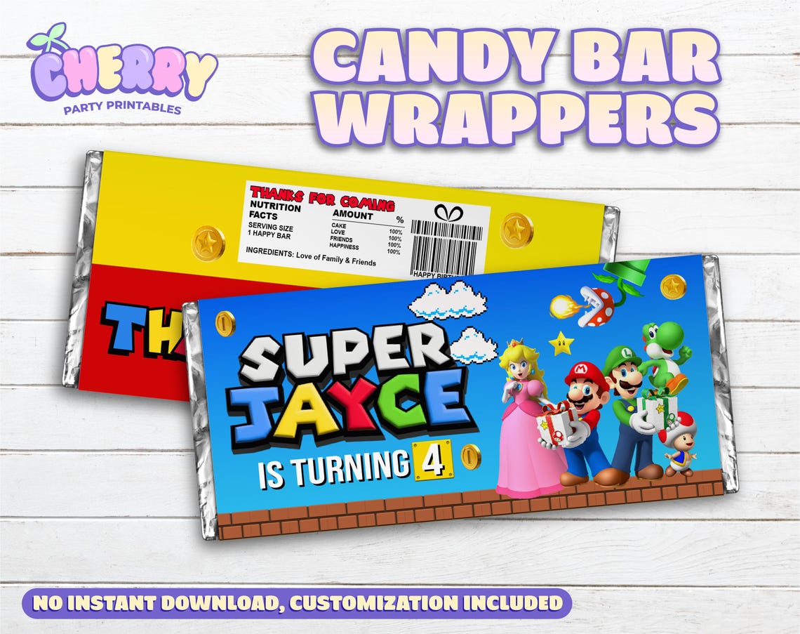 Super Mario Birthday Candy Bar Wrapper - 5.2 X 5.8" Printable Labels ...