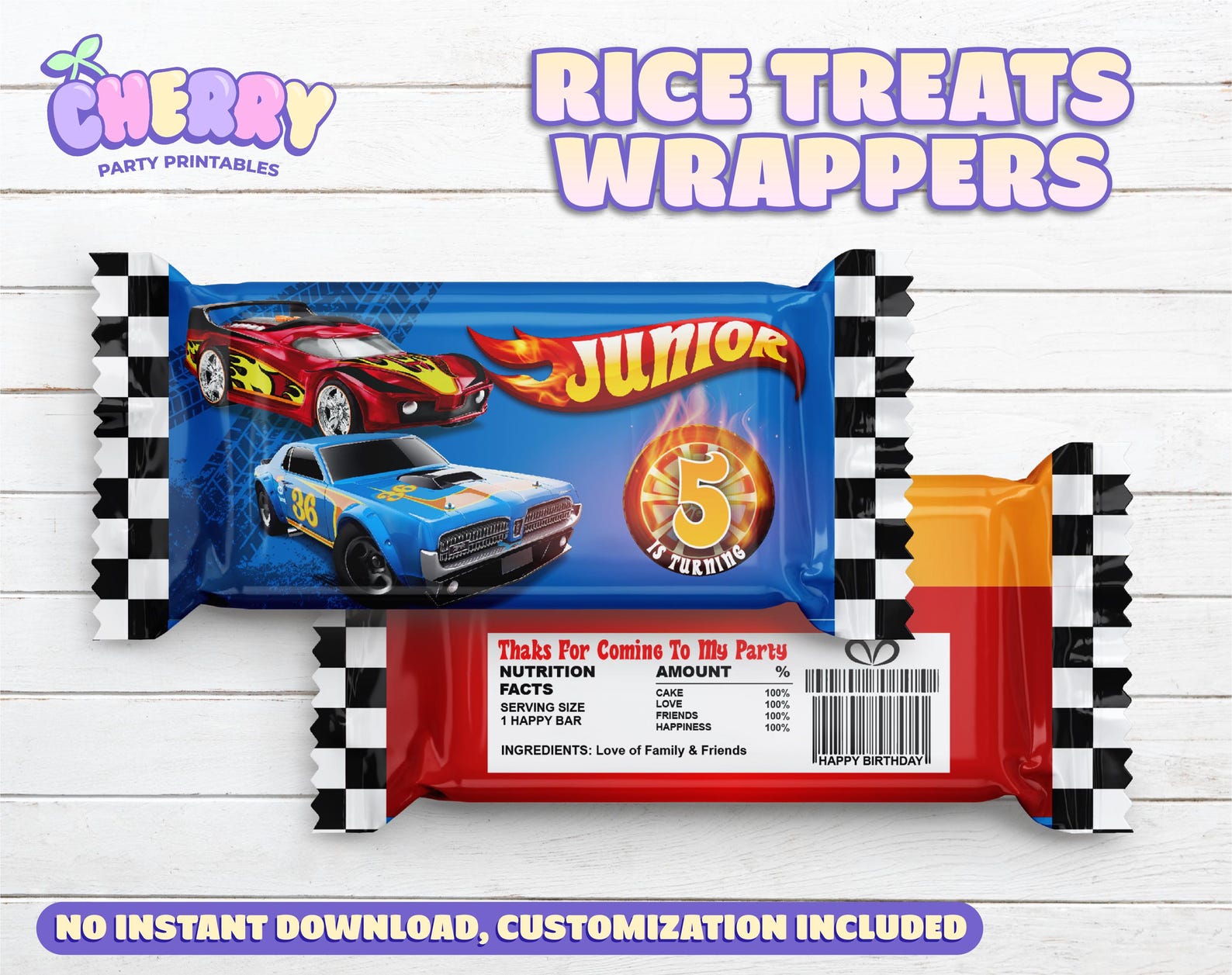 Race Cars Birthday Rice Bar Wrapper - Party Treats - Party Favors ...