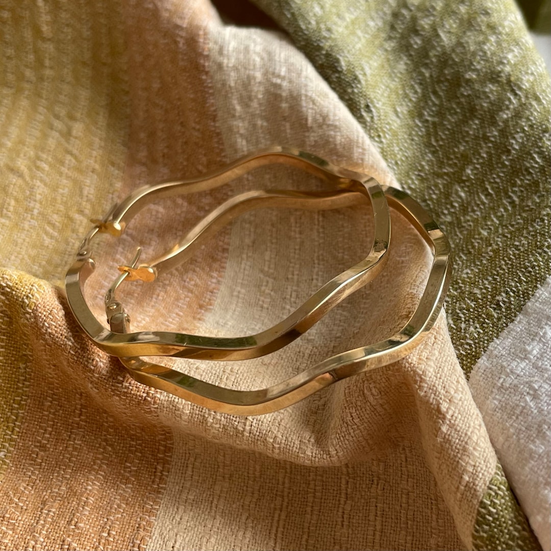 Vintage Gold Wavy Edge Hoops 9ct Gold Large Hoop Earrings - Etsy
