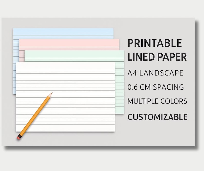 Printable A4 Lined Paper Landscape: Multiple Colors (digital Download ...