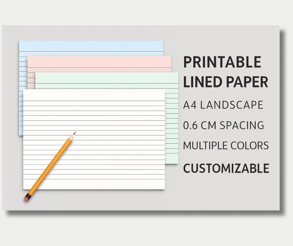 Printable A4 Lined Paper Landscape: Multiple Colors (digital Download ...