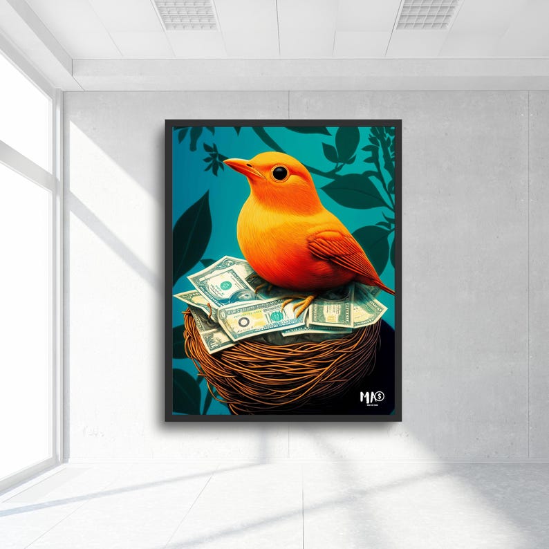 MONEY NEST Printable Wall Art – Bird on Nest of Money Illustration ...
