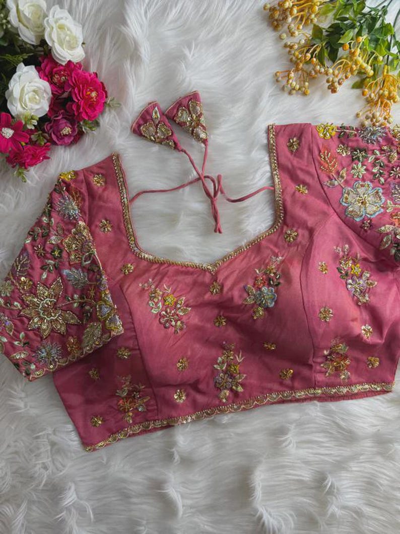 Handwork Cosmos Silk Saree Blouse: Sequin Embroidery, Padded Partywear ...