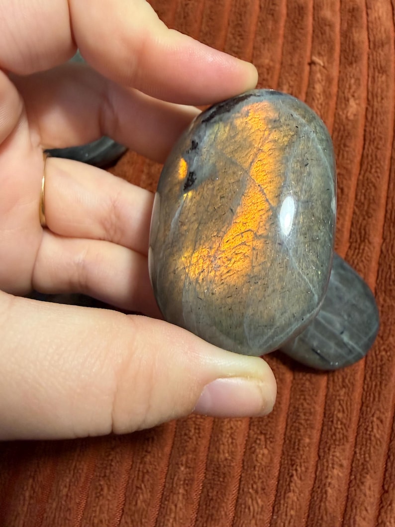 Yellow, Orange and Blue Flash Labradorite Palmstones | Polished ...