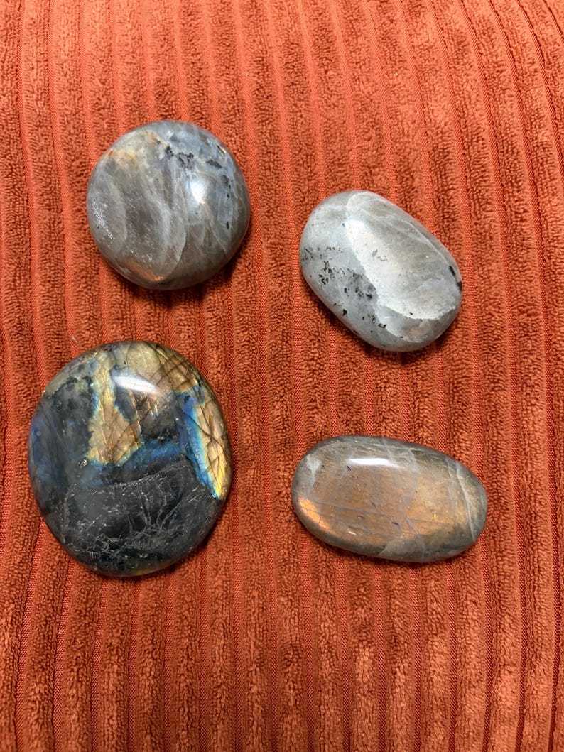 Yellow, Orange and Blue Flash Labradorite Palmstones | Polished ...