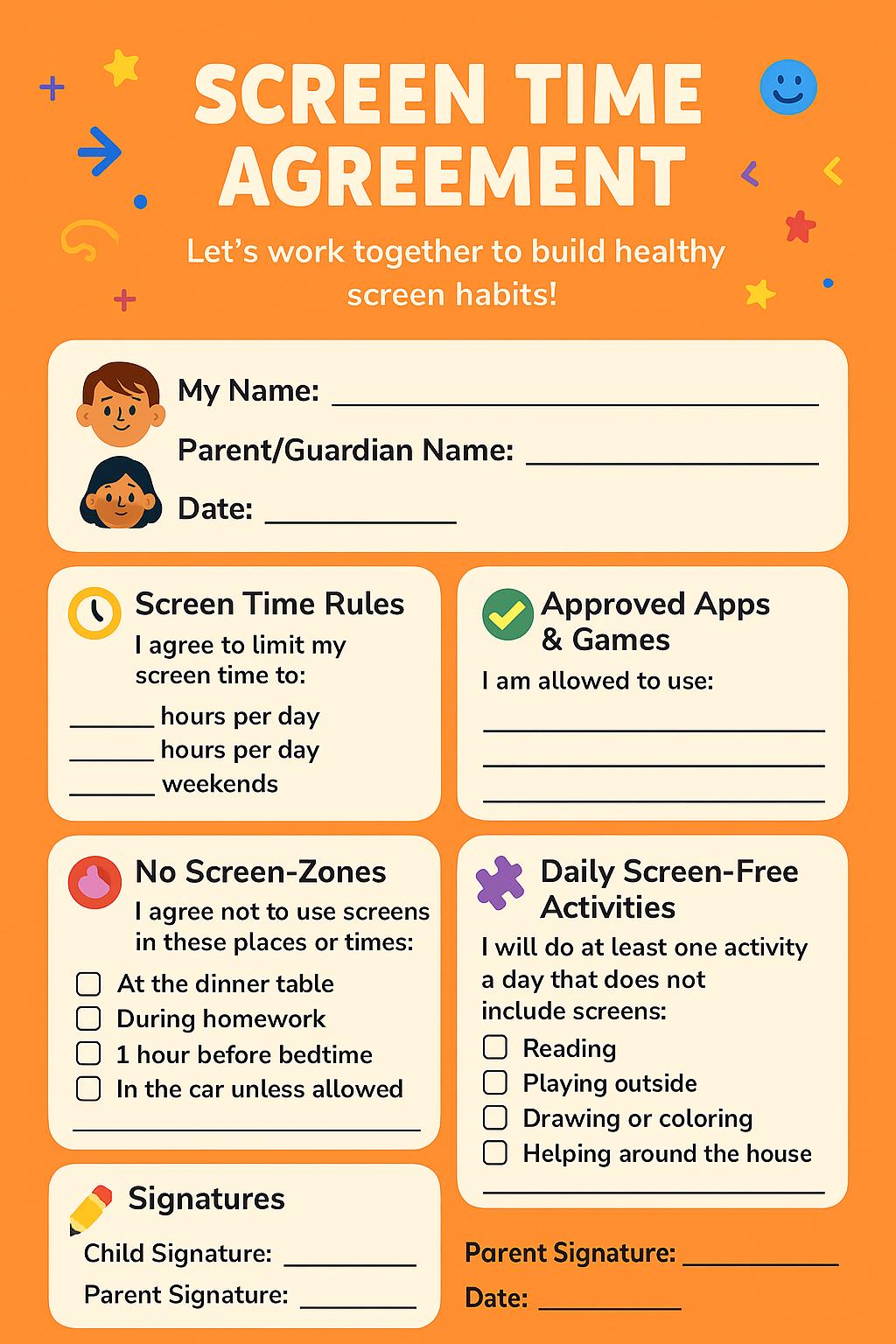 Editable Screen Time Agreement for Kids – Parent & Child Digital ...