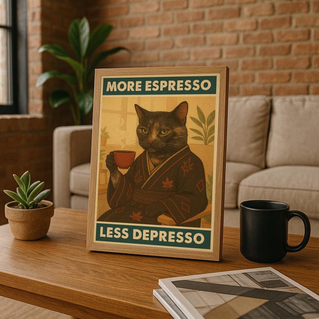 Funny Cat Coffee Poster, Espresso Wall Art, Vintage Style Kitchen Print ...