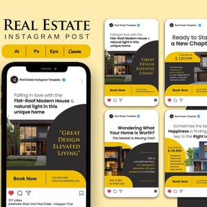 Real Estate Instagram Post Template Canva Editable Property Black Gold ...
