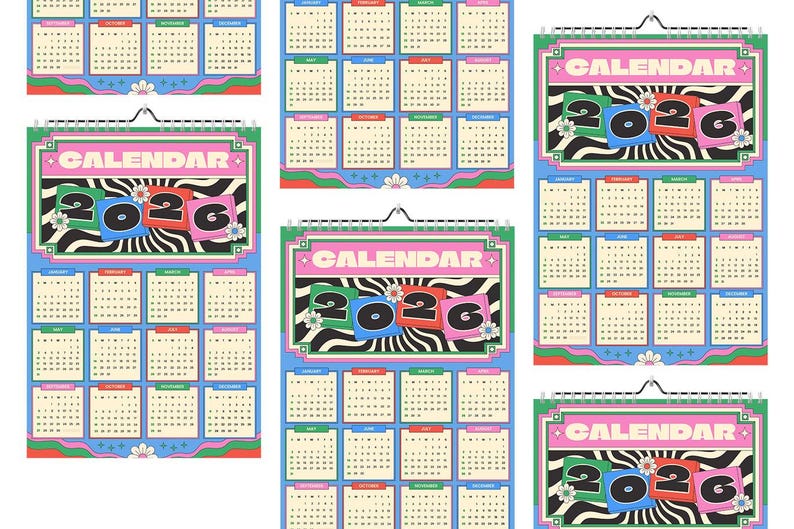 Retro Calendar 2026 Printable Vintage 70s 90s Groovy Editable Template ...