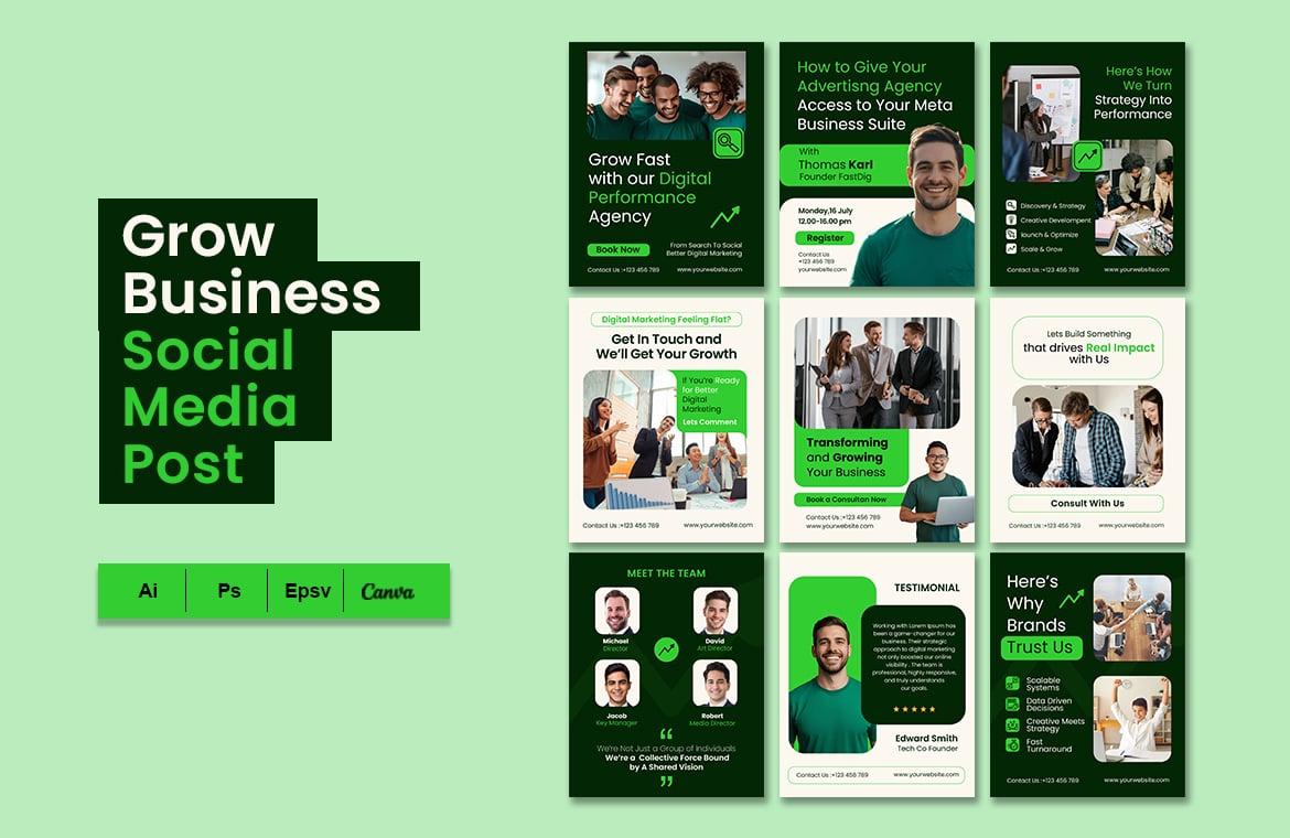 Business Instagram Post Template Canva Editable Green Growth Marketing ...