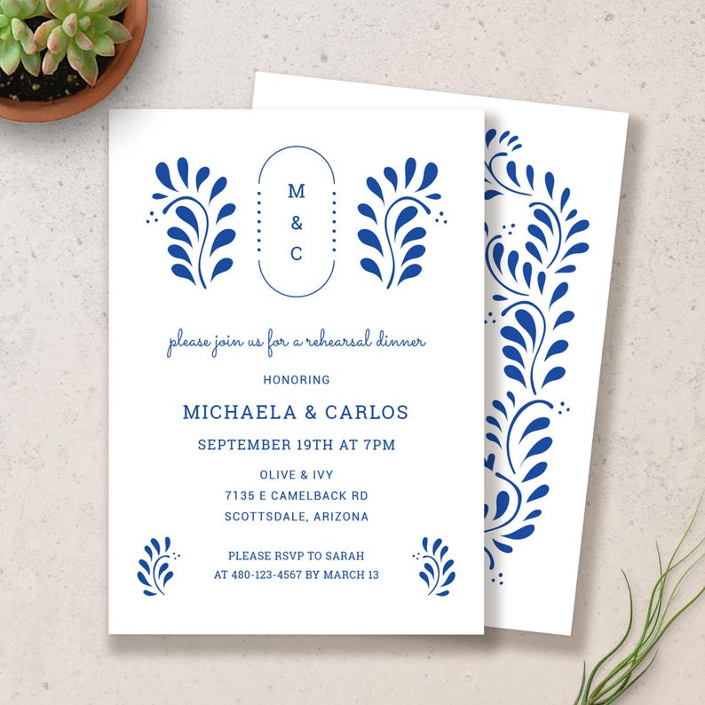 Mexican Rehearsal Dinner Invitations: Puebla Style, Custom Monogram - Etsy
