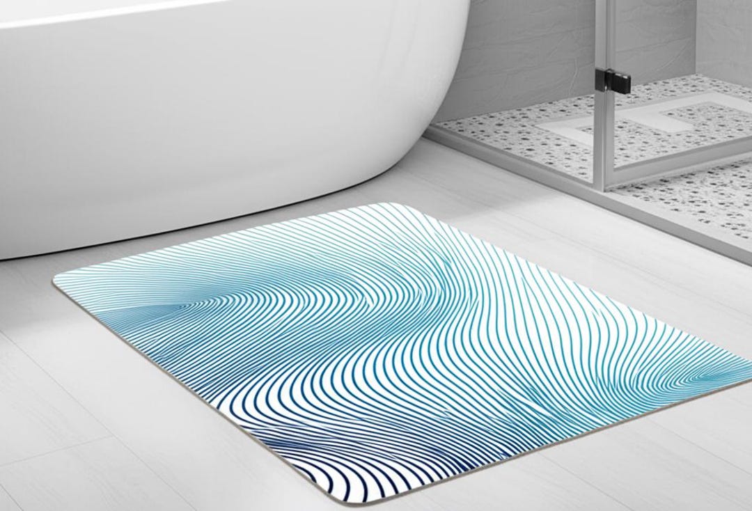 Modern Wave Design Bathroom Mat, Gradient Blue Bath Mat, Contemporary ...
