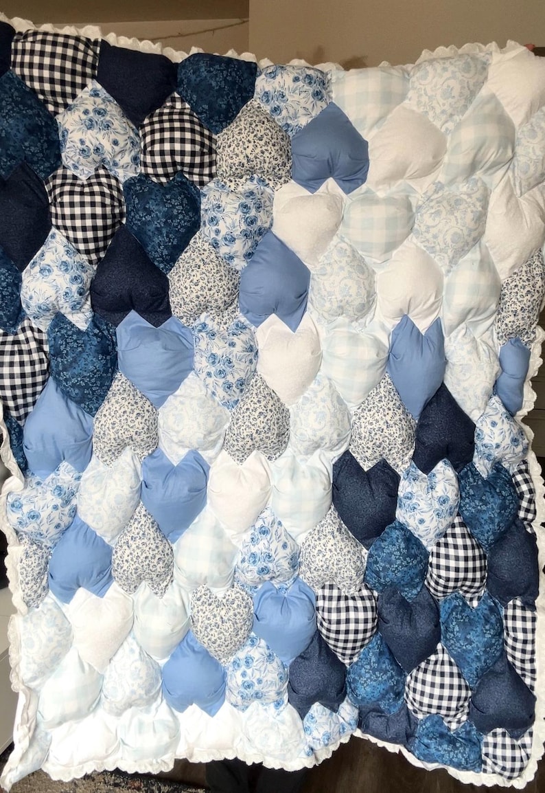 Full Hearts Puff Quilt Pdf Pattern, Handmade Heart Quilt, Quilted Throw ...