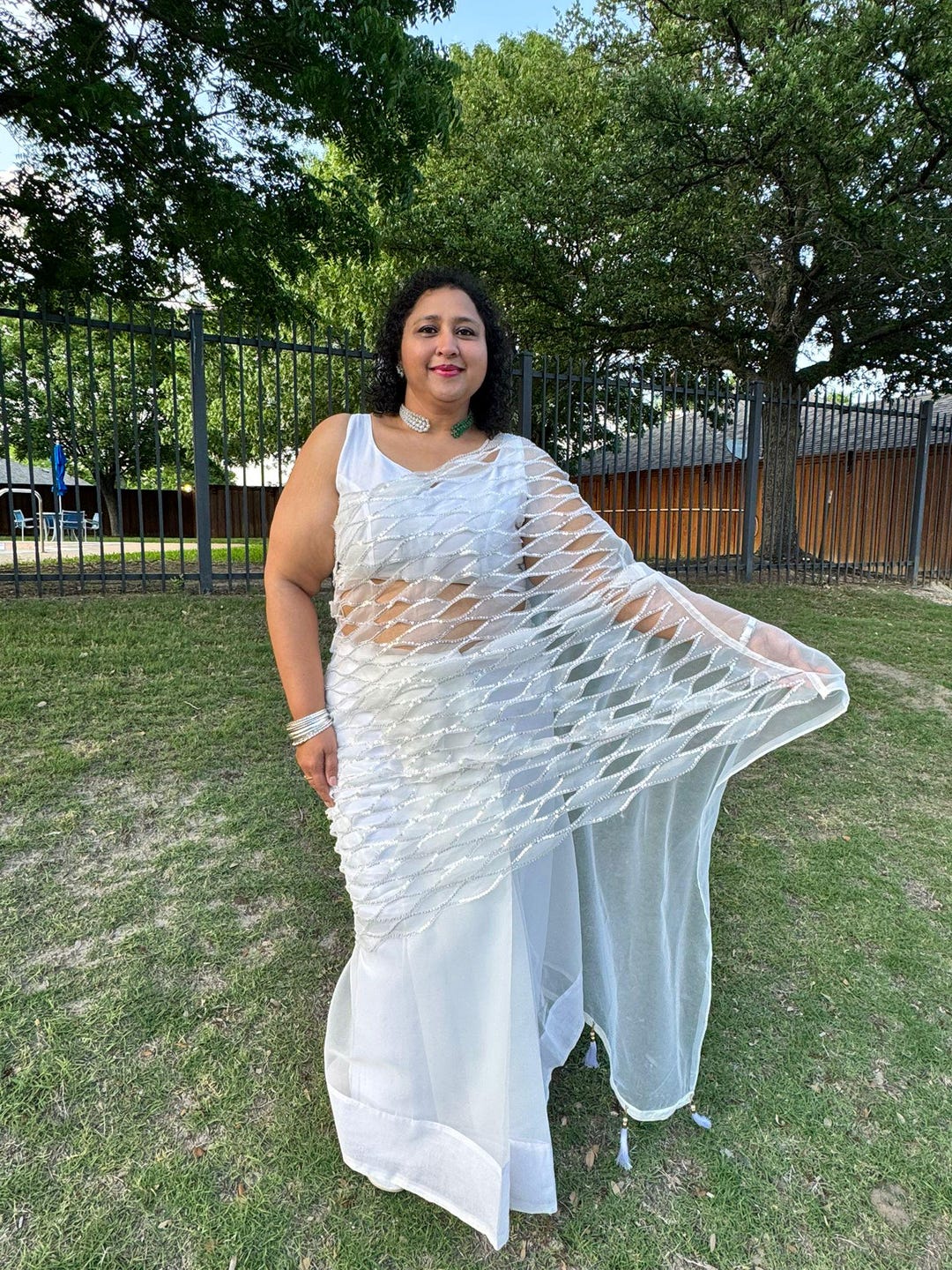 White Organza Saree: Bollywood Cutout Design, Sequin & Beadwork - Etsy