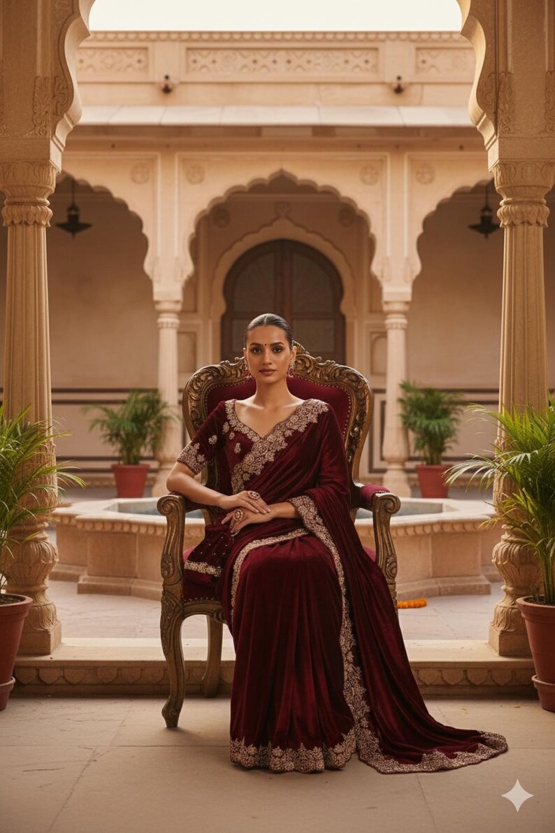 Mahroon Velvet Saree: Designer Sequence & Jari Embroidery, Stitched ...