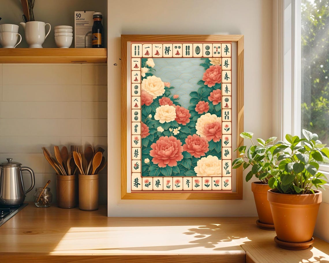 Mahjong Tiles Digital Art Sky Peony Floral Print Board Game Decor ...