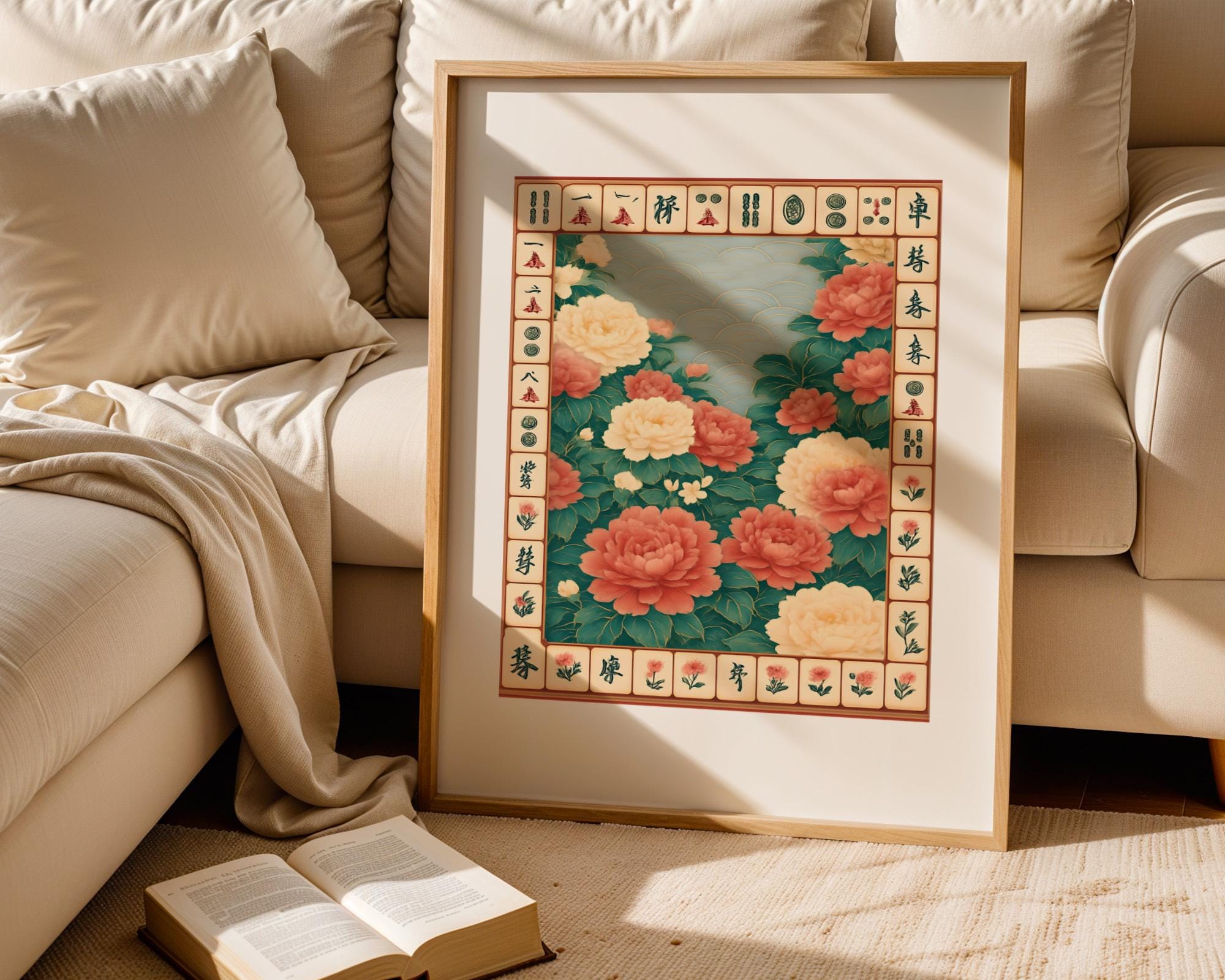 Mahjong Tiles Digital Art Sky Peony Floral Print Board Game Decor ...