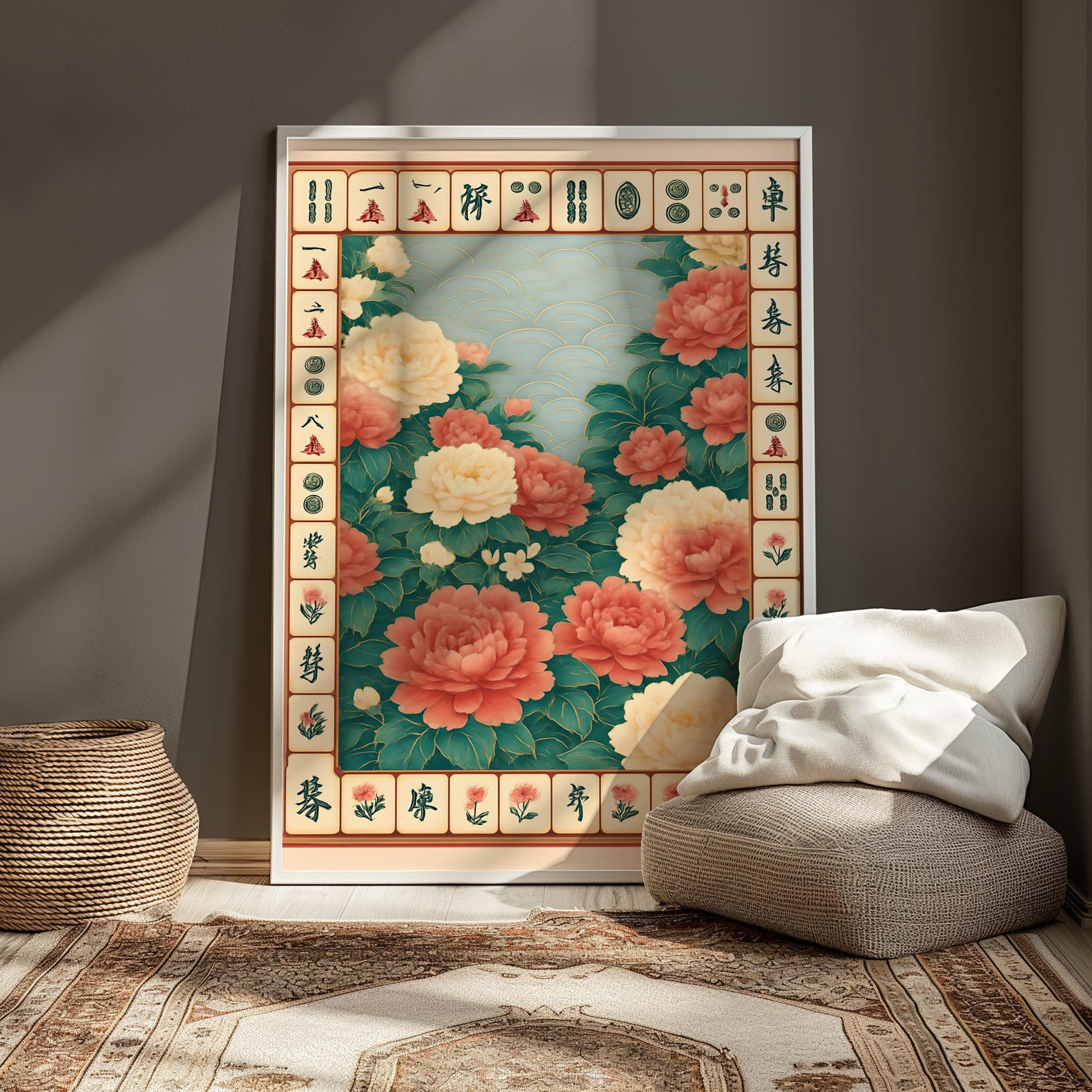 Mahjong Tiles Digital Art Sky Peony Floral Print Board Game Decor ...