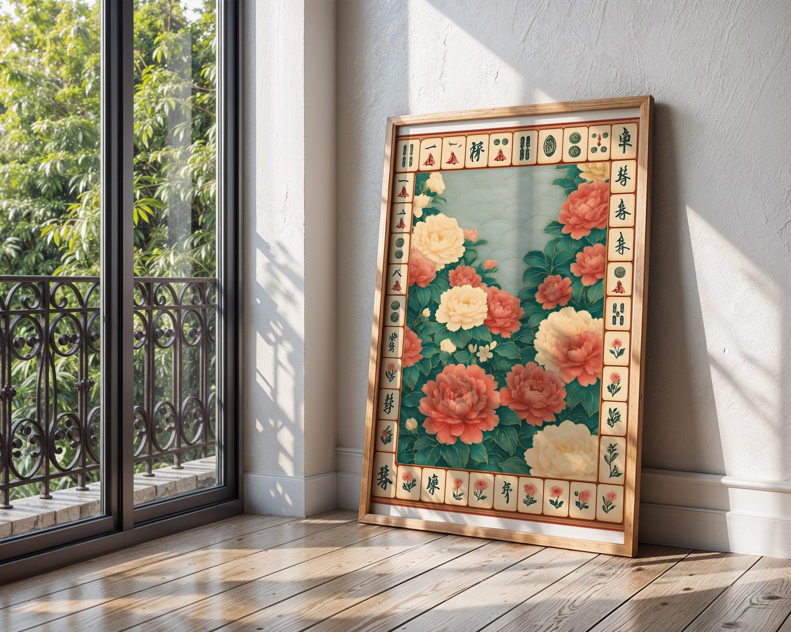 Mahjong Tiles Digital Art Sky Peony Floral Print Board Game Decor ...