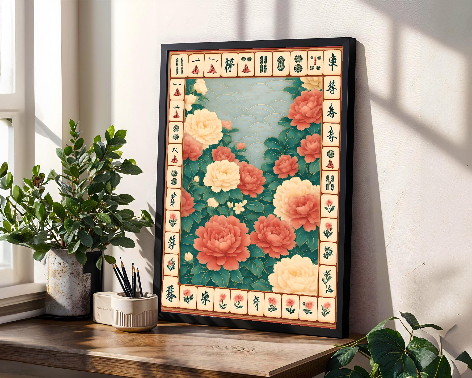 Mahjong Tiles Digital Art Sky Peony Floral Print Board Game Decor ...