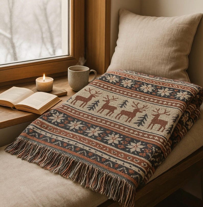 Nordic Reindeer Woven Cotton Blanket: Scandinavian Holiday Throw - Etsy