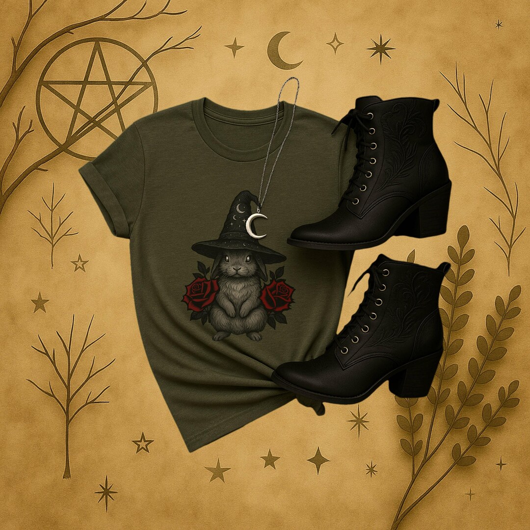 Witch Bunny Shirt - Cute Occult Rabbit With Red Roses & Moon Hat | Dark ...