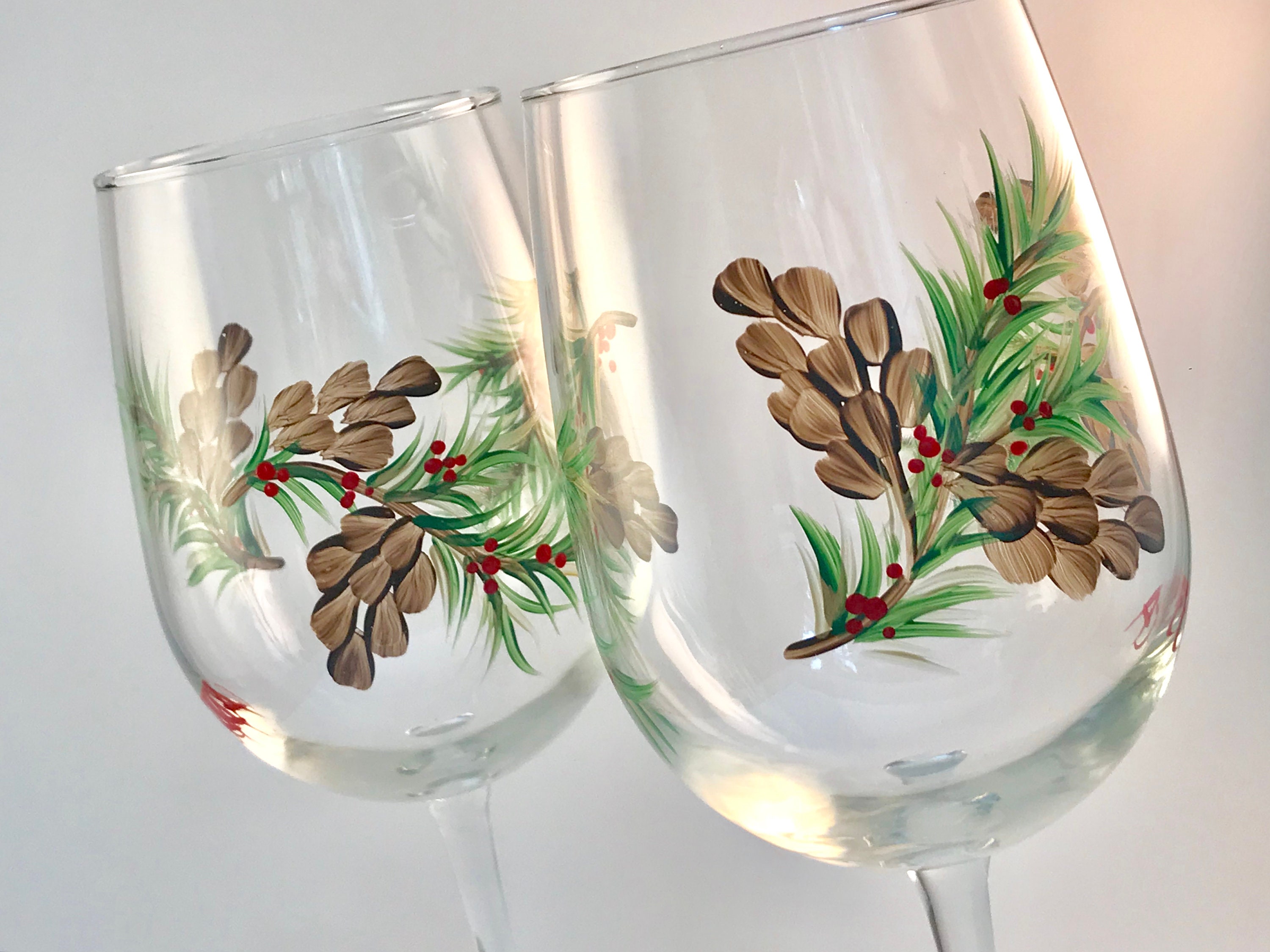 Hand painted wine glasses with pinecones fall wine glass | Etsy