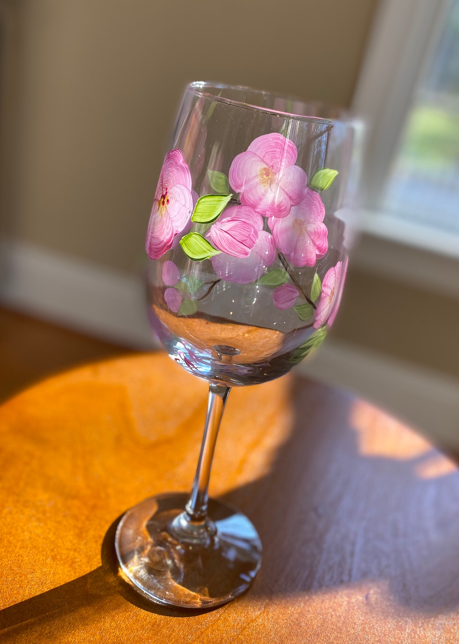 Hand painted wine glasses pink spring flowers floral stemless | Etsy