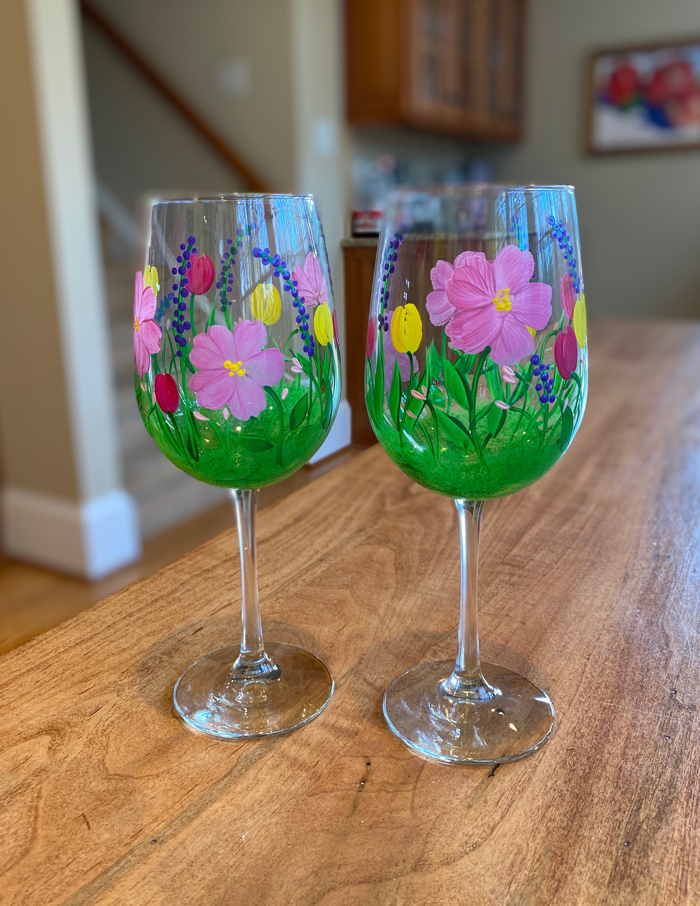 Hand Painted Wine Glasses Spring Flowers Pretty Floral Wine | Etsy