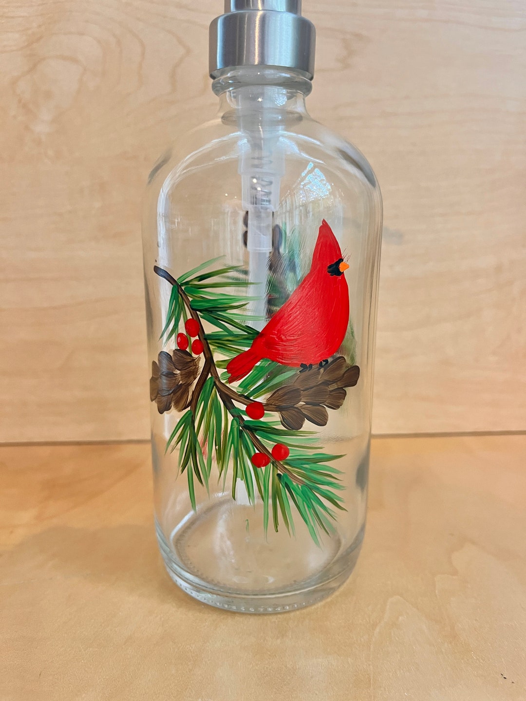 Hand Painted Soap Dispenser With Red Cardinal and Pinecones, Fall and ...