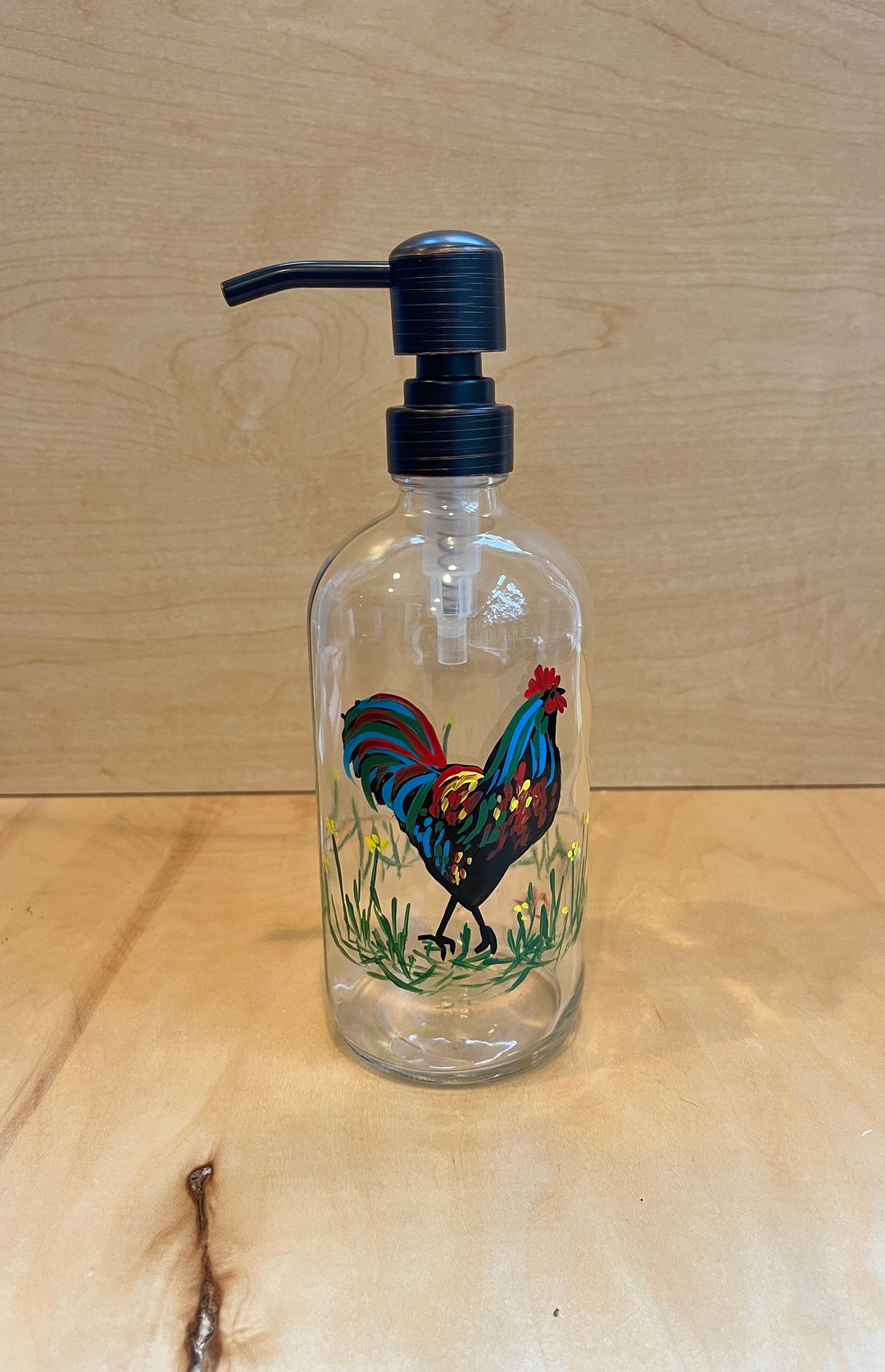 Hand Painted Soap Bottle With Rooster, Country Kitchen Decor, Rooster Soap Bottle, Chicken Soap ...
