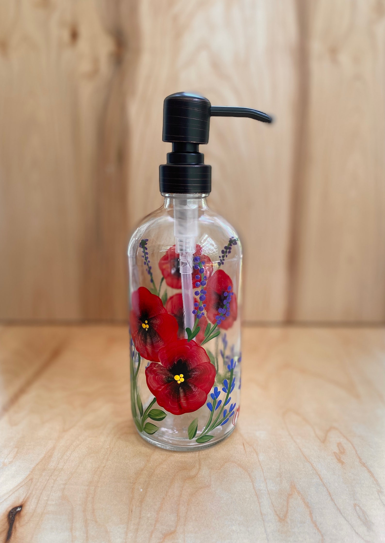 Hand painted soap bottle with red pansies red bathroom decor | Etsy