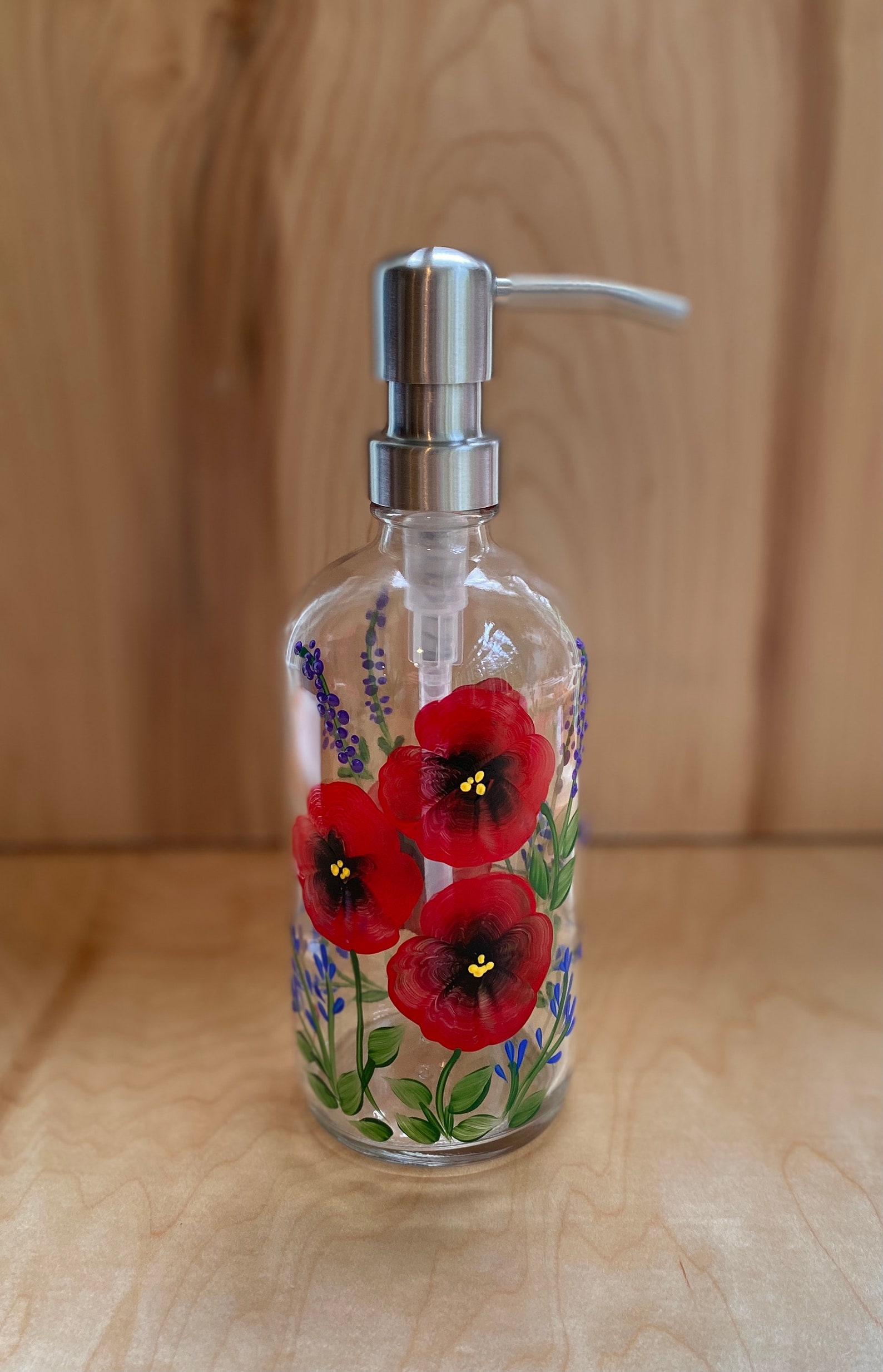 Hand painted soap bottle with red pansies red bathroom decor | Etsy