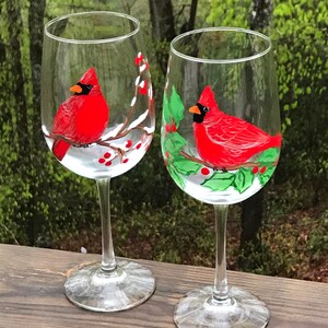 Hand Painted Red Cardinal Wine Glass, Painted Wine Glass Cardinal ...