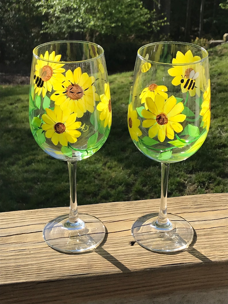 Copas de vino pintadas con girasoles y abejorros copa de vino - Etsy España