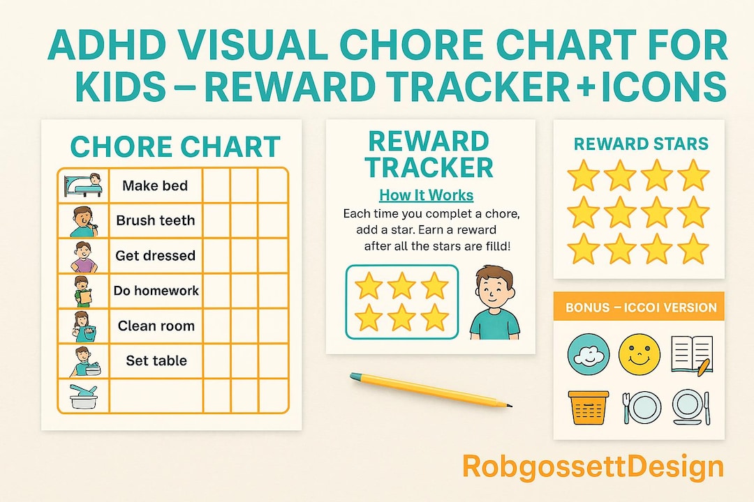 ADHD Visual Chore Chart for Kids – Printable Routine & Reward Tracker ...