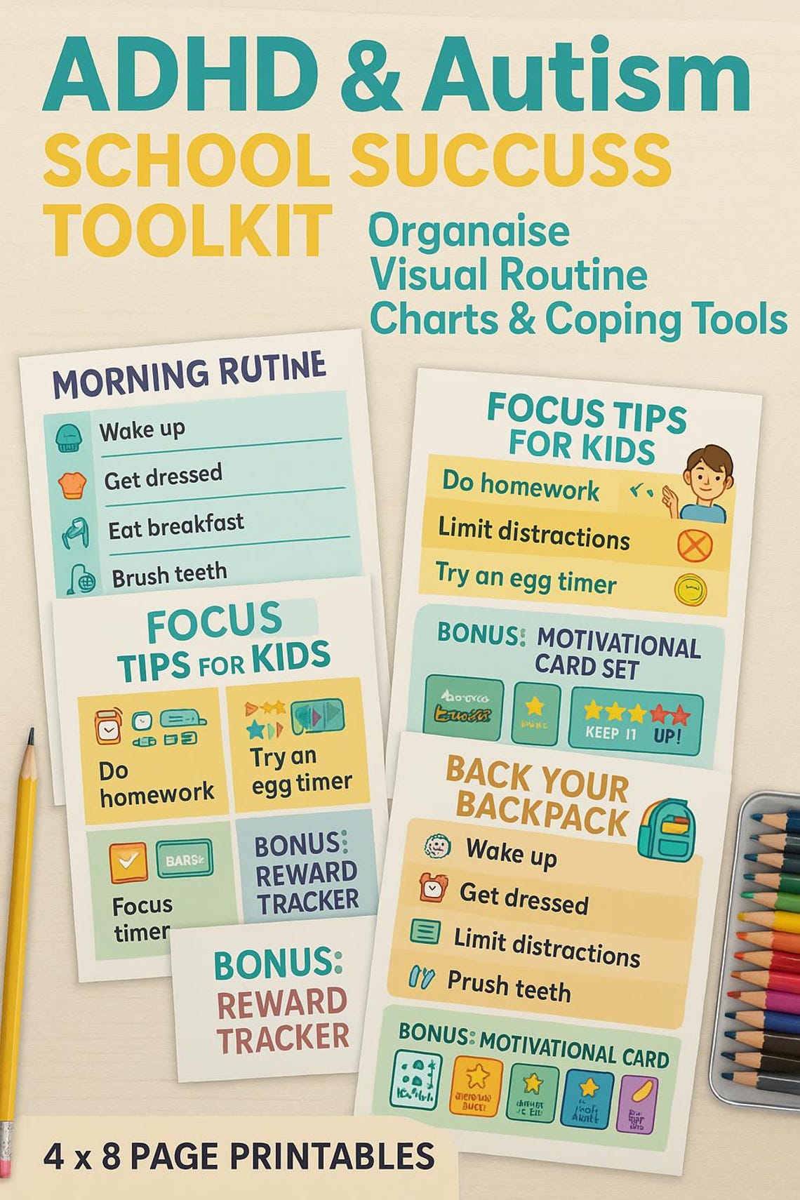 ADHD & Autism School Success Toolkit – Printable Visual Routine Charts ...