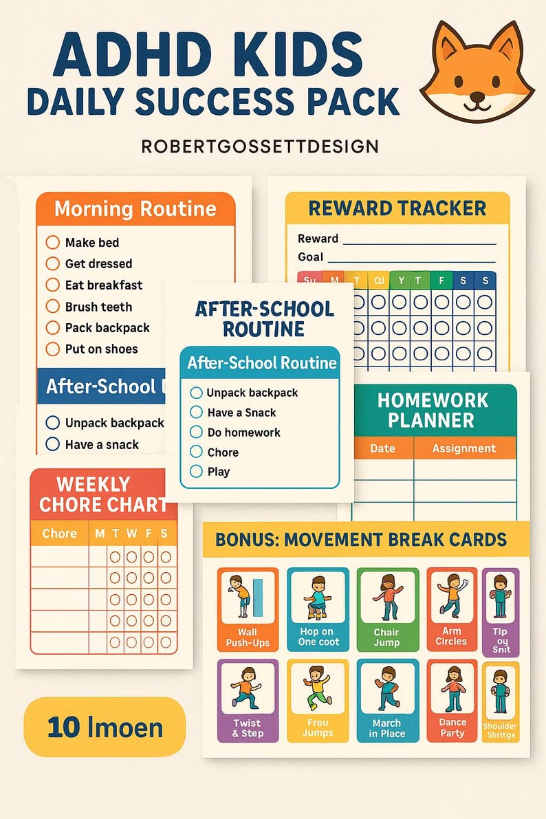 ADHD Kids Routine and Rewards Bundle Daily Planner, Charts & Movement ...