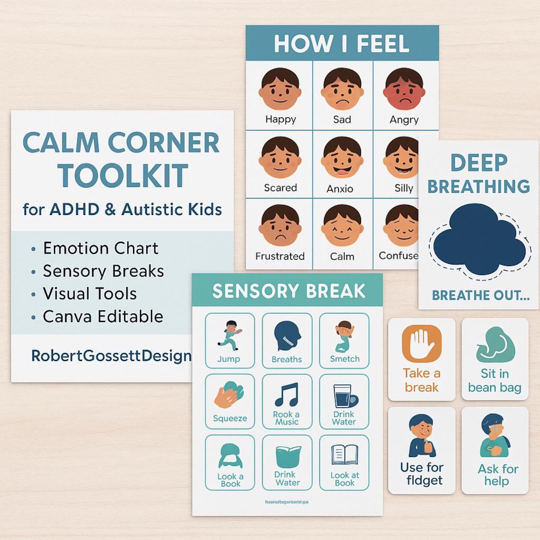 ADHD & Autistic Kids Calm Corner Toolkit: Emotion Chart, Sensory Breaks ...