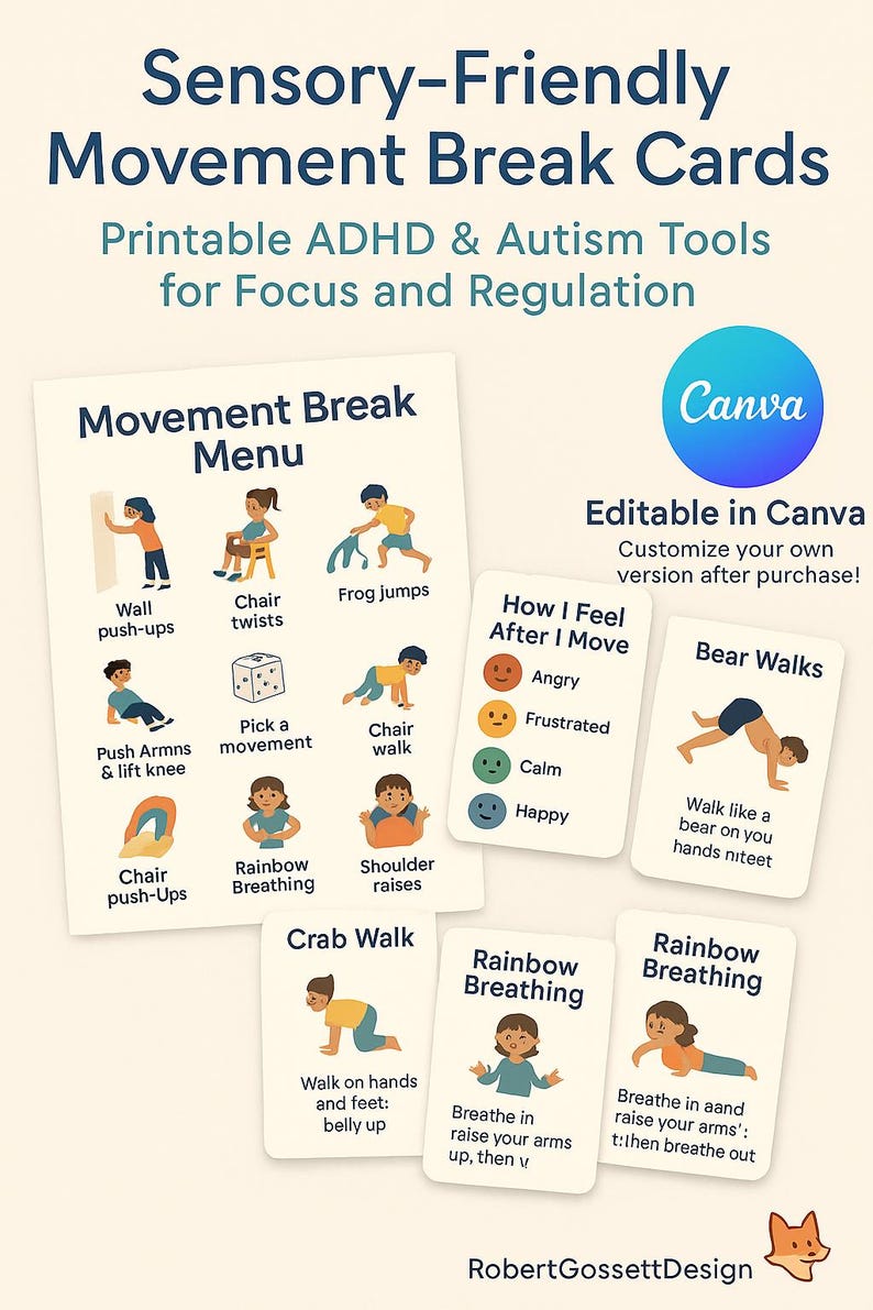Sensory-friendly Movement Break Cards | Printable ADHD & Autism Tools ...